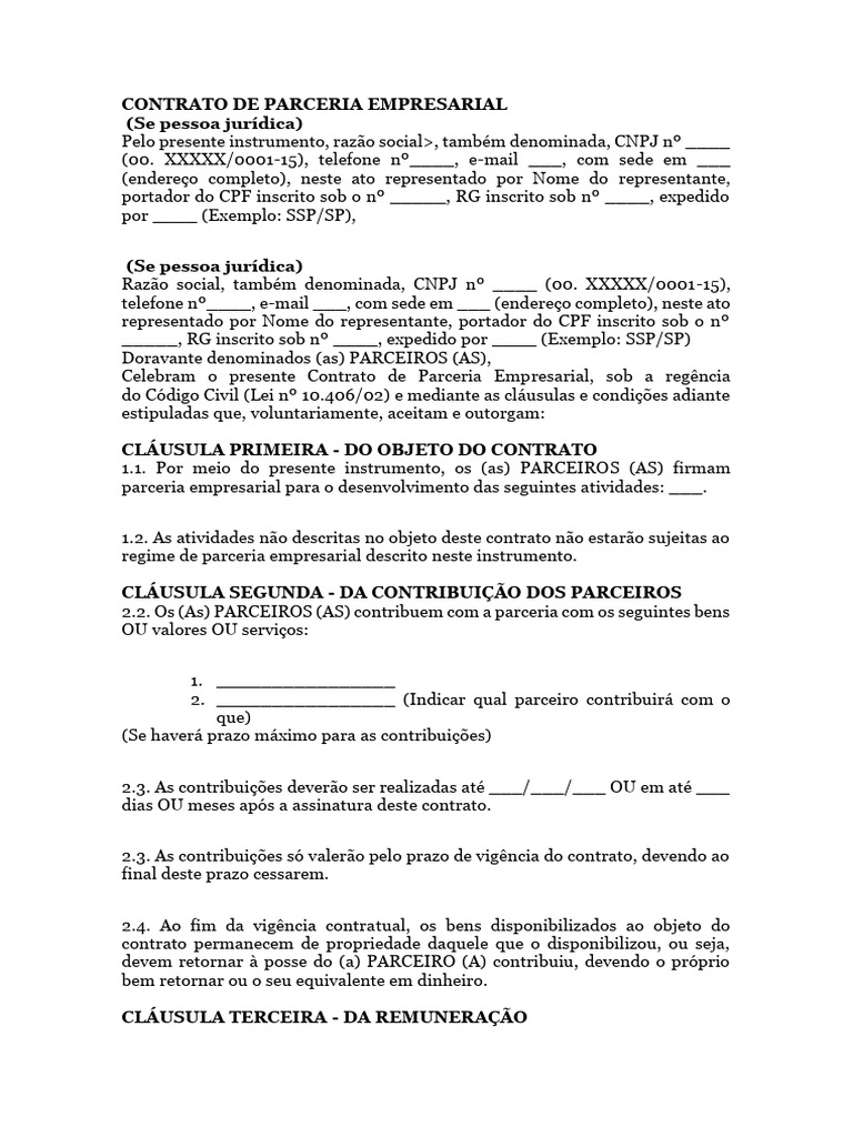 CONTRATO DE PARCERIA EMPRESARIAL Modelo 1 | Download grátis PDF | Arbitragem | Direito Privado