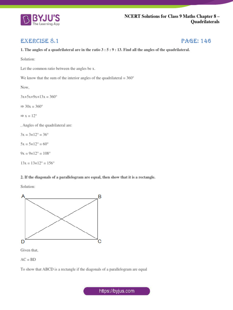 NCERT Solutions For Class 9 Maths Chapter 8 Quadrilaterals Exercise 8 1 | PDF | Rectangle | Euclid