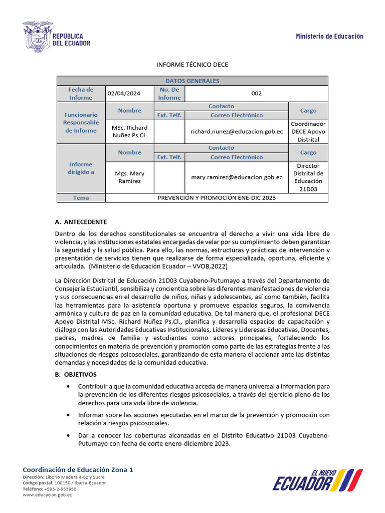 Informe DECE: Prevención y Promoción 2023 | PDF | Violencia