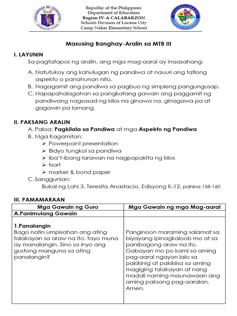 Masusing Banghay Aralin MTB 3 | PDF