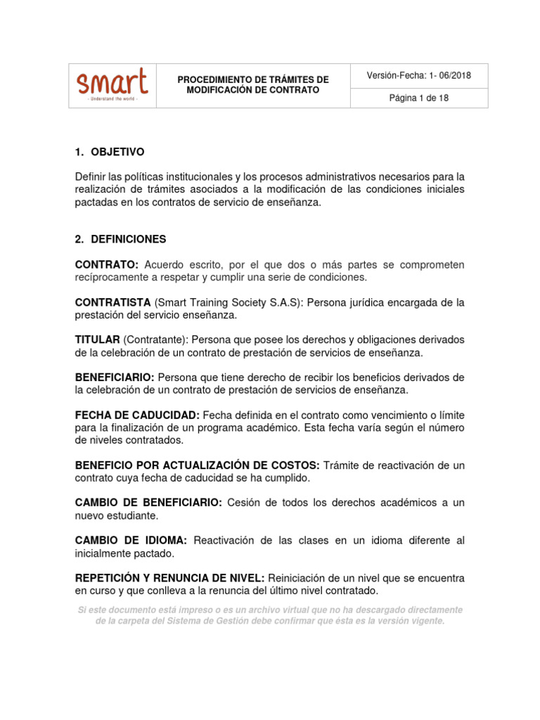 Proc Tramite Modificacion Contrato V1 062018 | PDF | Archivo de ...