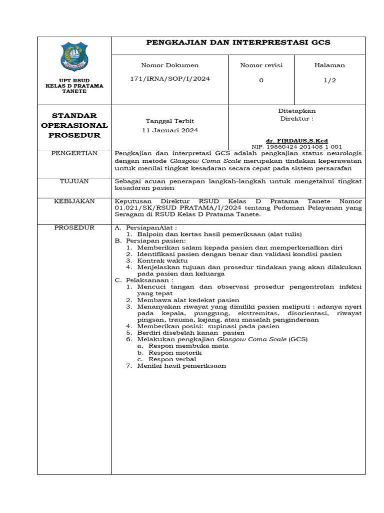 Sop 18 Pngkajian Dan Interpretasi GCS Edit | PDF