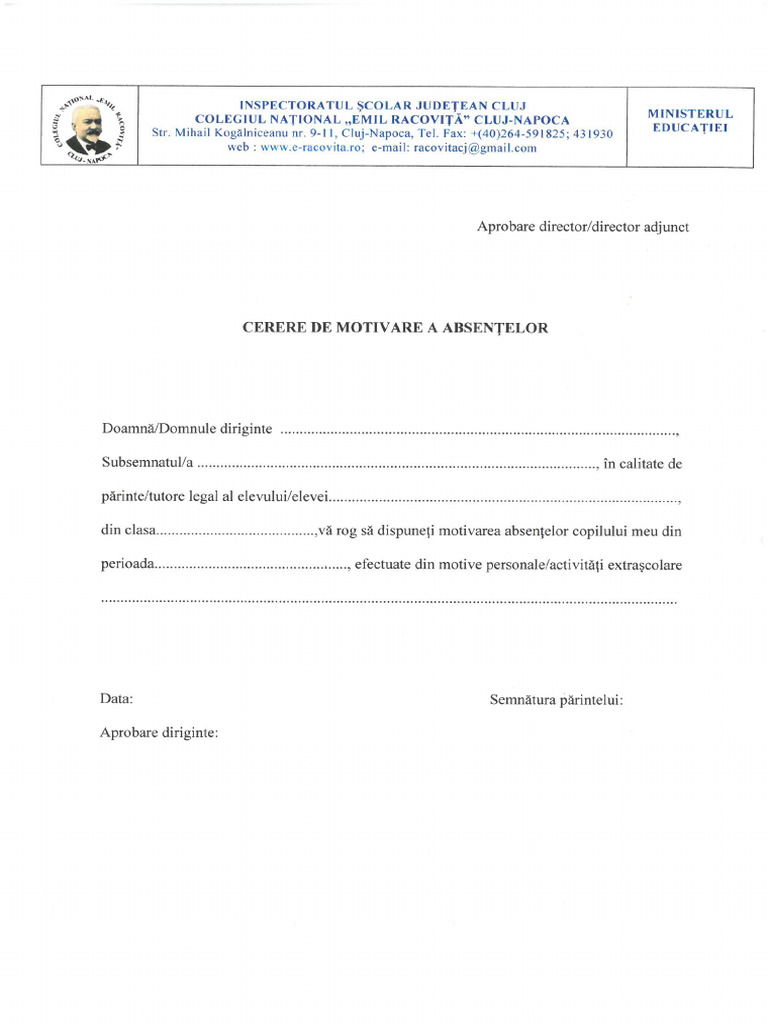 Cerere de motivare a absențelor | PDF