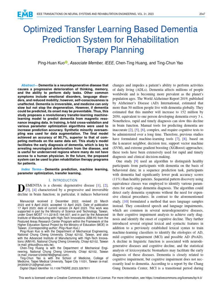 Optimized Transfer Learning Based Dementia Prediction System For Rehabilitation Therapy Planning ...