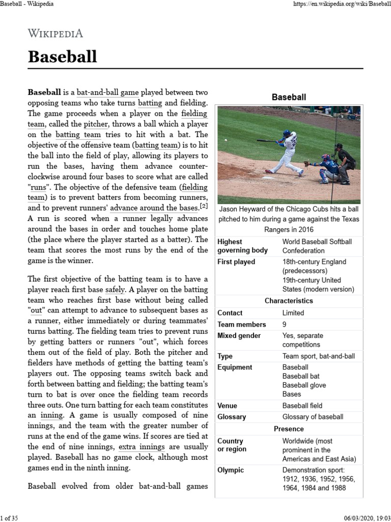 Baseball - Wikipedia | PDF | Baseball Field | Pitcher