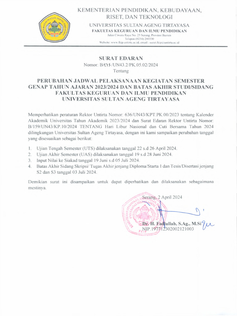 Surat Edaran Perubahan Jadwal Pelaksanaan Kegiatan Semester Genap Ta ...