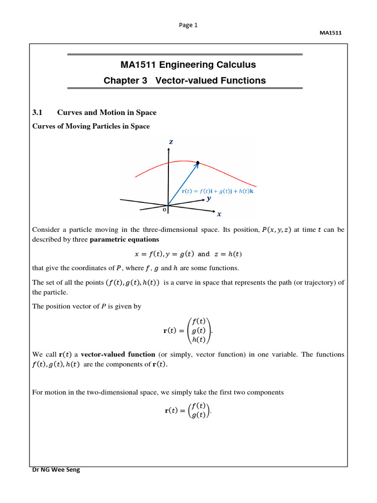 MA1511 2021S1 Chapter 3 Vector-Valued Functions | PDF | Euclidean Vector | Curve