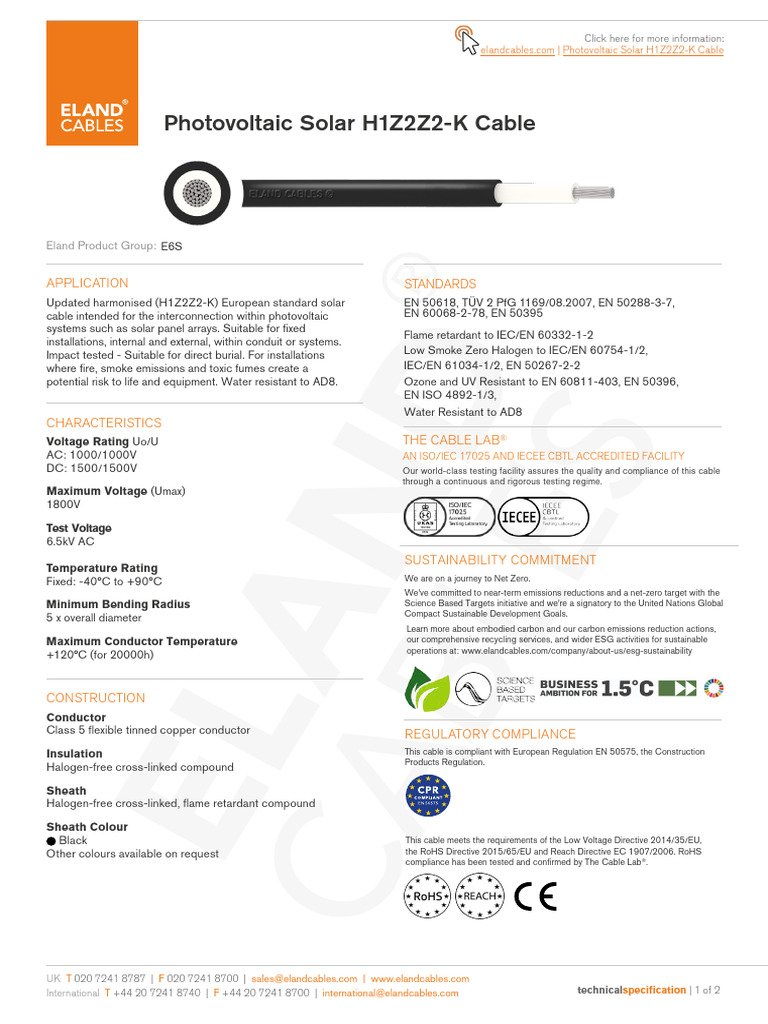 Photovoltaic Solar h1z2z2 K Cable | PDF | Electrical Resistance And Conductance | Photovoltaics