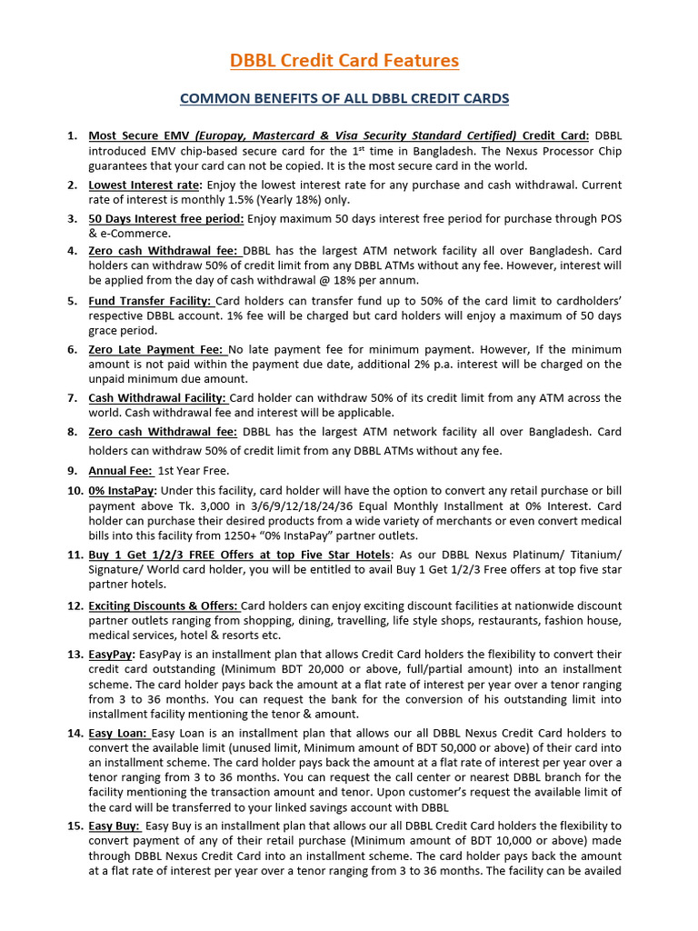 DBBL Credit Card Features | PDF | Credit Card | Financial Technology