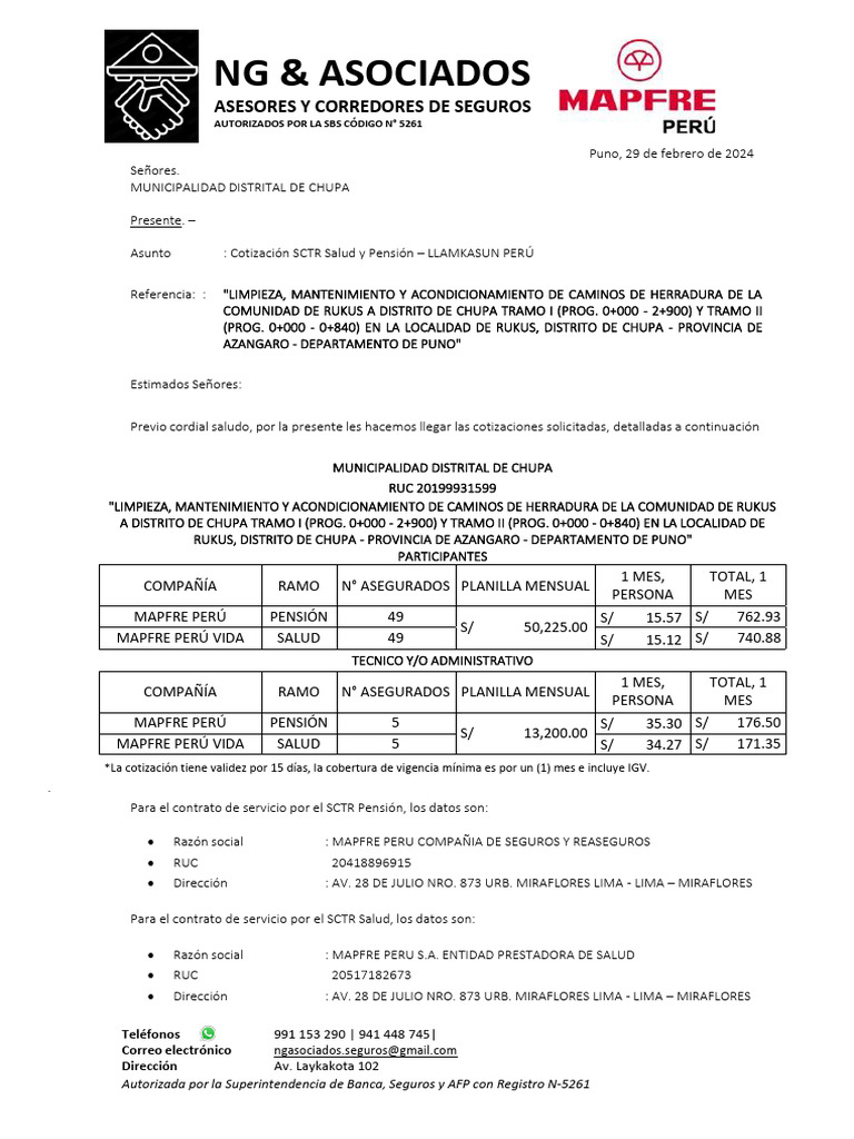 Cotización SCTR - Mapfre Perú - Muni de Chupa - Comunidad Rukus | PDF | Seguro