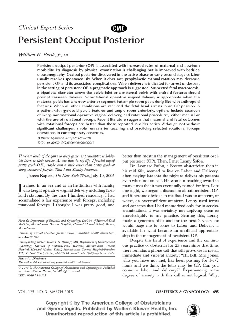 Persistent Occiput Posterior | PDF | Childbirth | Caesarean Section