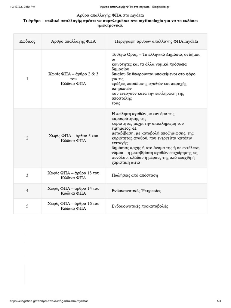ΦΠΑ ΄Αρθρα απαλλαγής ΦΠΑ στο mydata | PDF