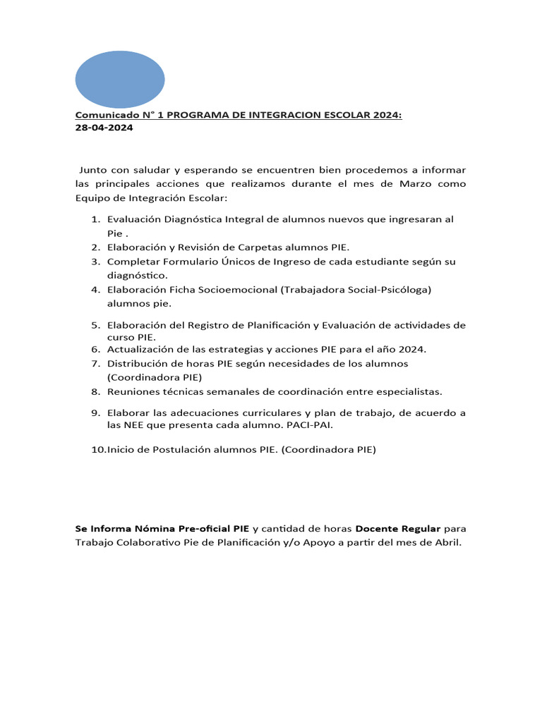 Comunicado N 1 PIE 2024 OFICIAL | PDF