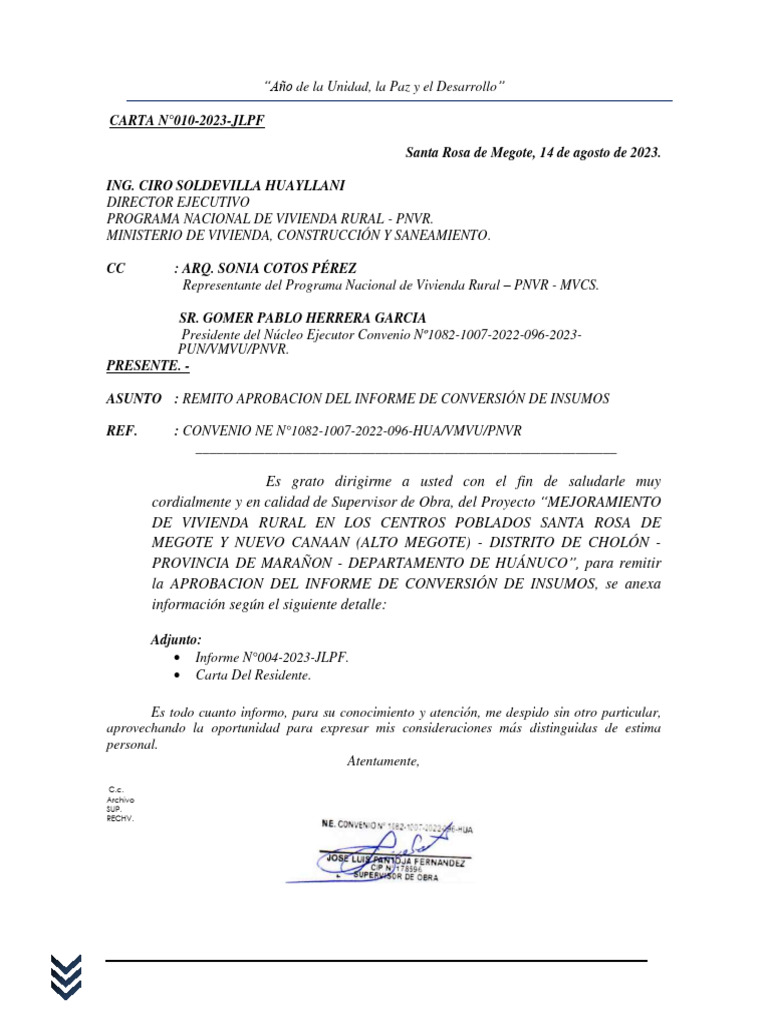 Carta N°010-2023 - JLPF | PDF | Materiales de construcción | Ingeniería ...