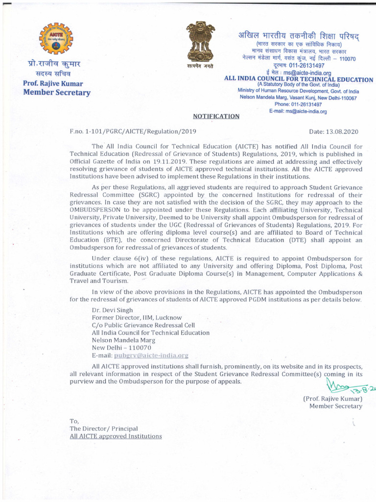 AICTE Student Grievance Regulations 2019 | PDF | Education Policy | Qualifications