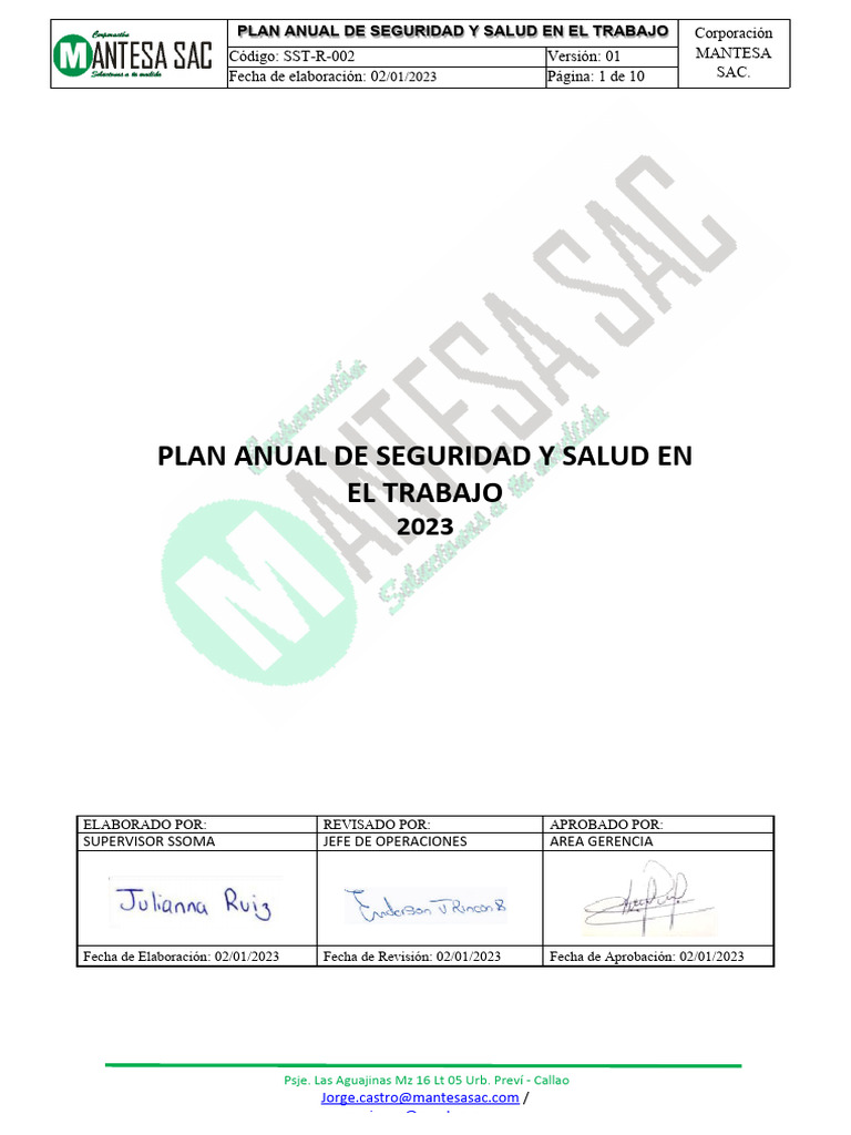 SST-R-002 Plan Anual de SST 2023 - Corporacion MANTESA SAC | PDF ...