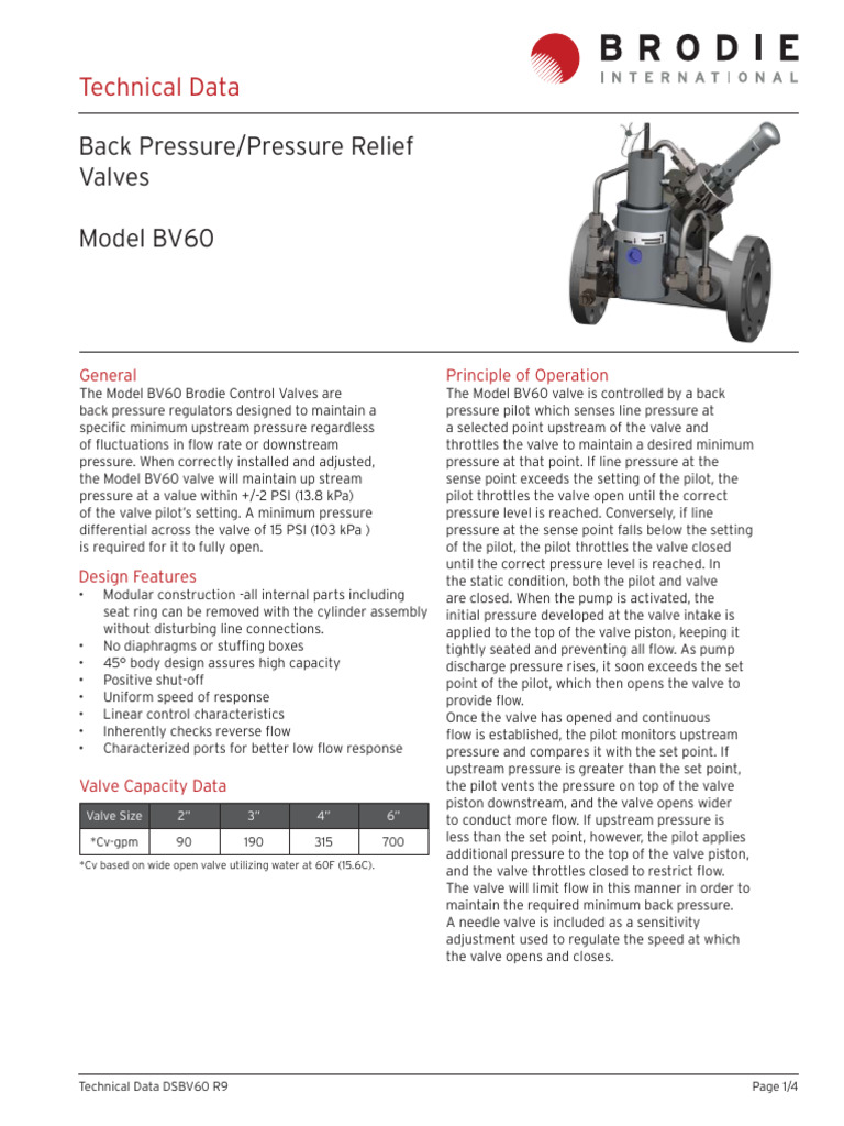 DS - Brodie Back Pressure Valve - BV60 (R9) | PDF | Valve | Pump