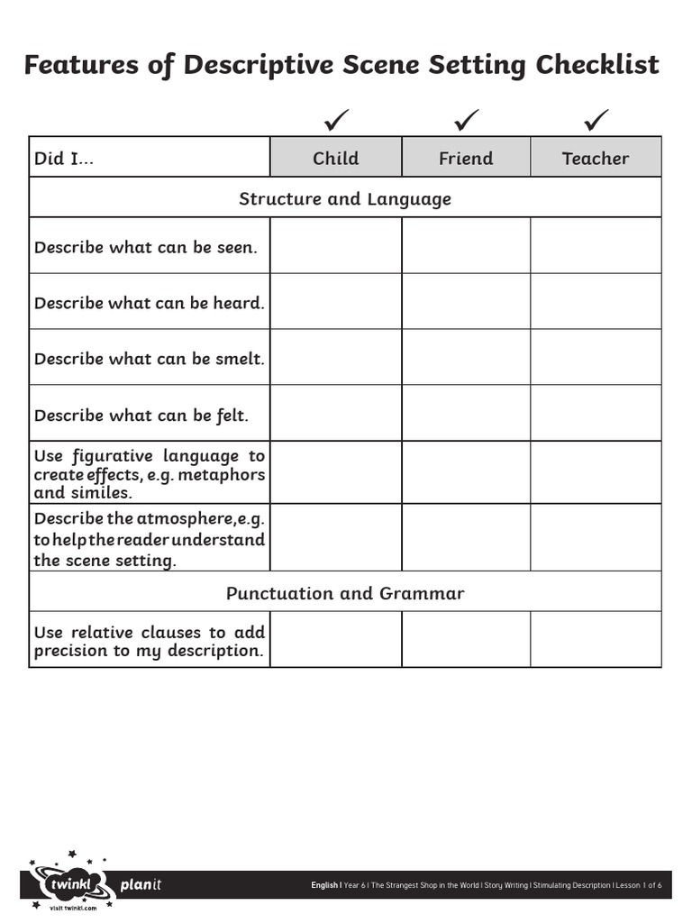 Checklist - The Features of Descriptive Scene Setting | PDF