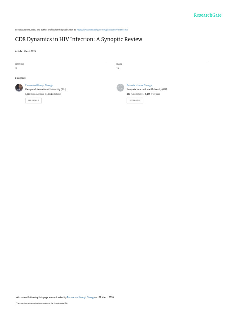 CD8 Dynamics in HIV Infection: A Synoptic Review: March 2024 | PDF | T Cell | Immune System