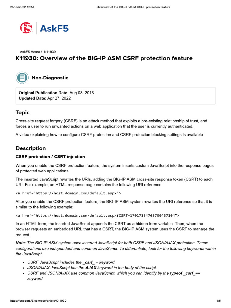 Overview of The BIG-IP ASM CSRF Protection Feature | PDF | Java Script | World Wide Web