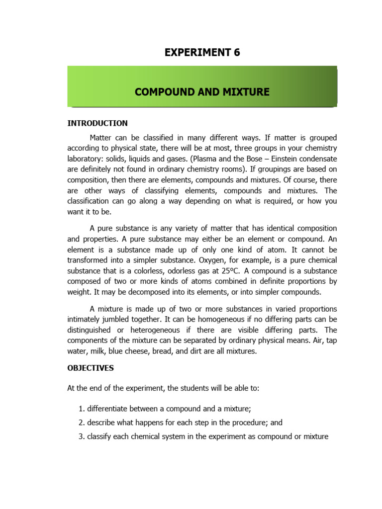 Compound vs Mixture Experiment Guide | PDF | Matter | Mixture