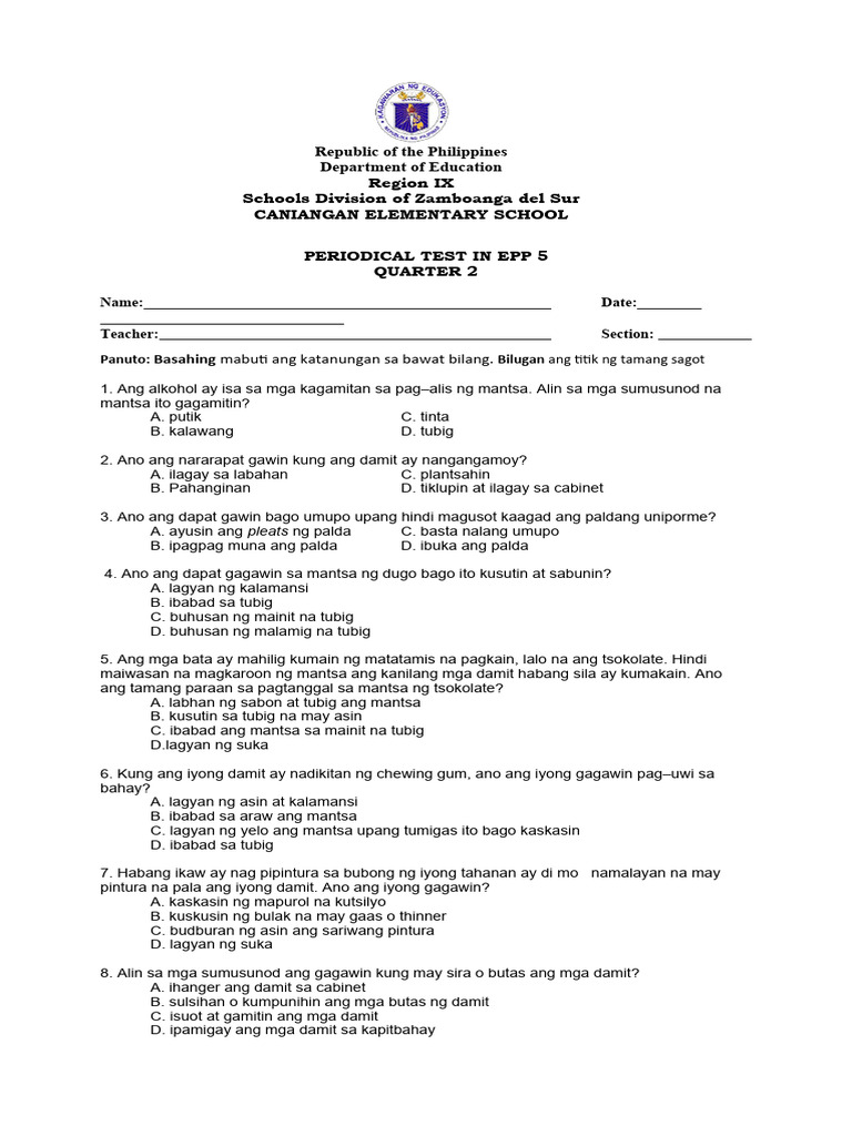 Epp 2nd Quarter Periodical Test Grade Five Pdf