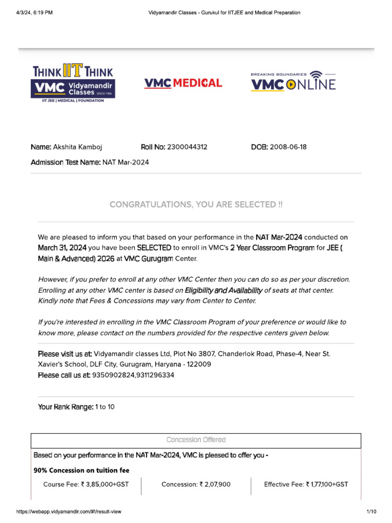 VMC Result | PDF