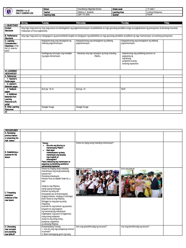 Ap G10 Q4 DLL Week1 | PDF