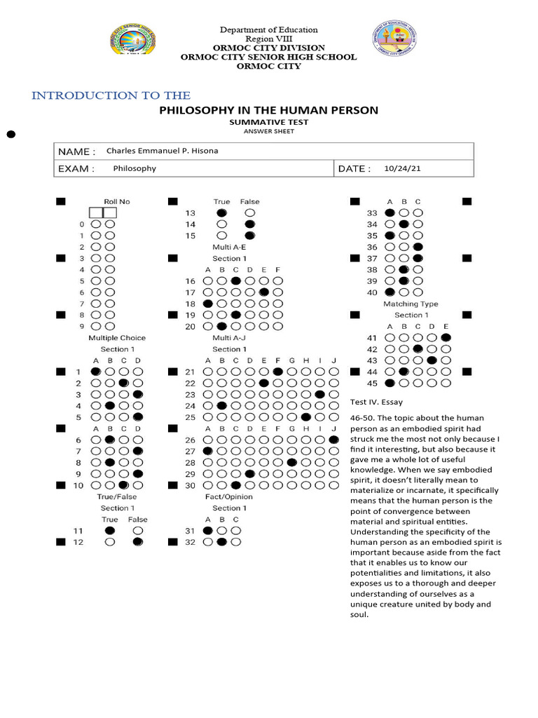 Summative Test Answer Sheet | PDF | Religious Belief And Doctrine