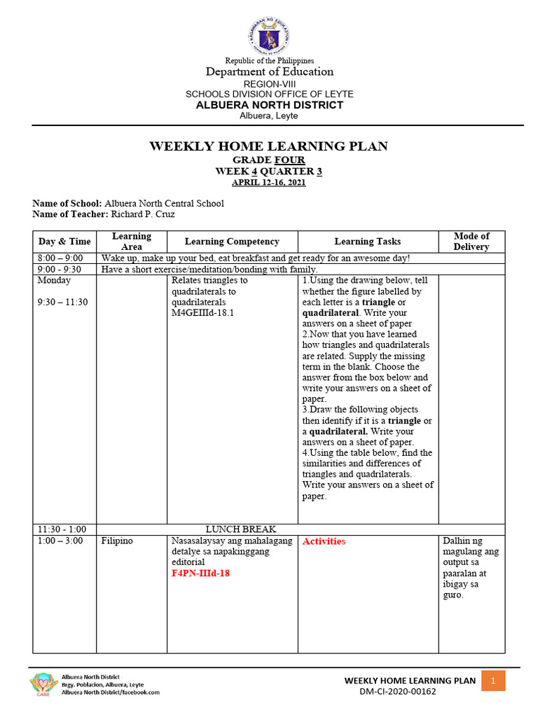 Grade 4 Weekly Learning Plan: Week 4 | PDF