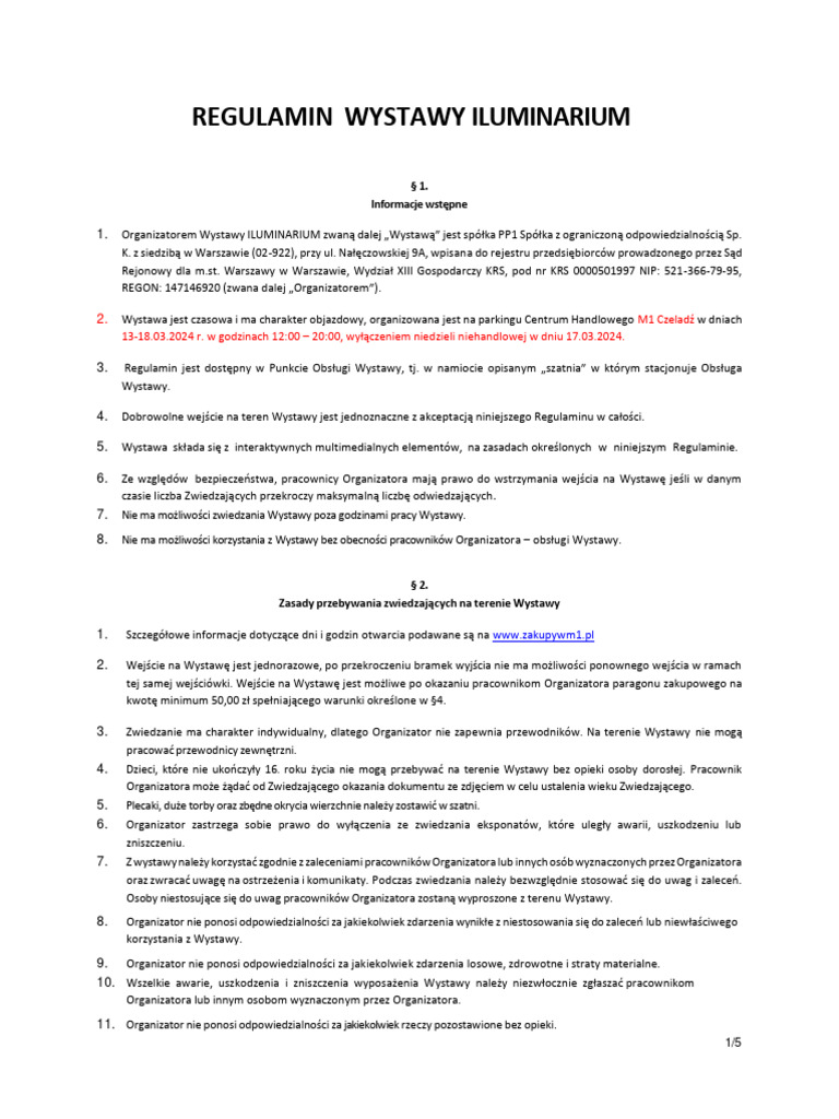 Iluminarium Regulamin Czeladz | PDF