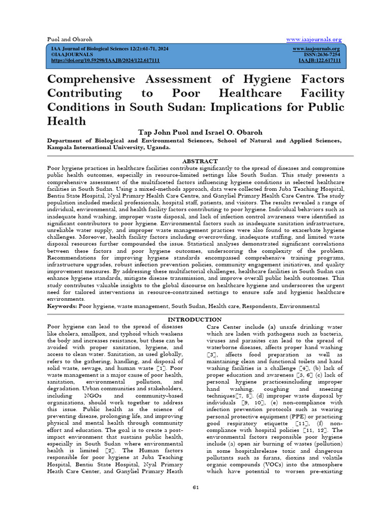 Comprehensive Assessment of Hygiene Factors Contributing To Poor Healthcare Facility Conditions ...