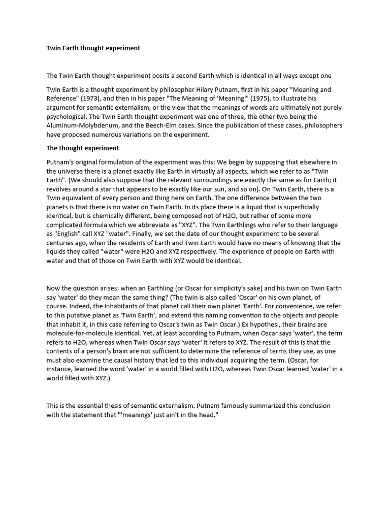 Twin Earth Thought Experiment | PDF | Cognitive Science | Contemporary ...