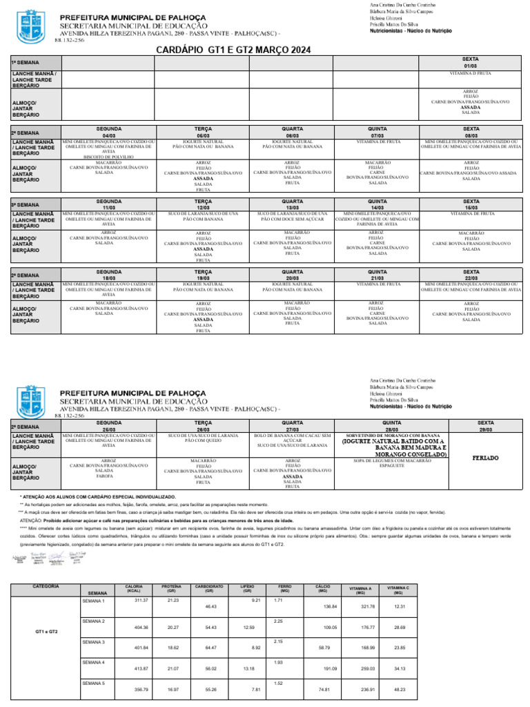 Cardapio CEI GT1 e GT2 MARCO 2024 Docx | PDF | Banana | Culináriar