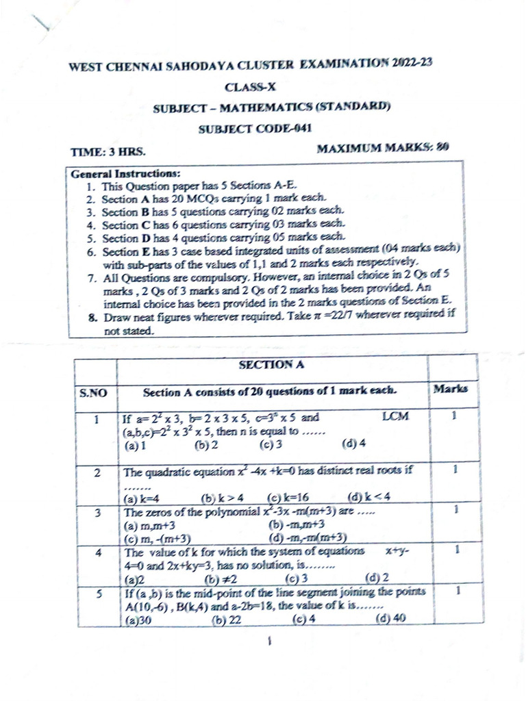 Class 10 Maths - Sahodaya | PDF