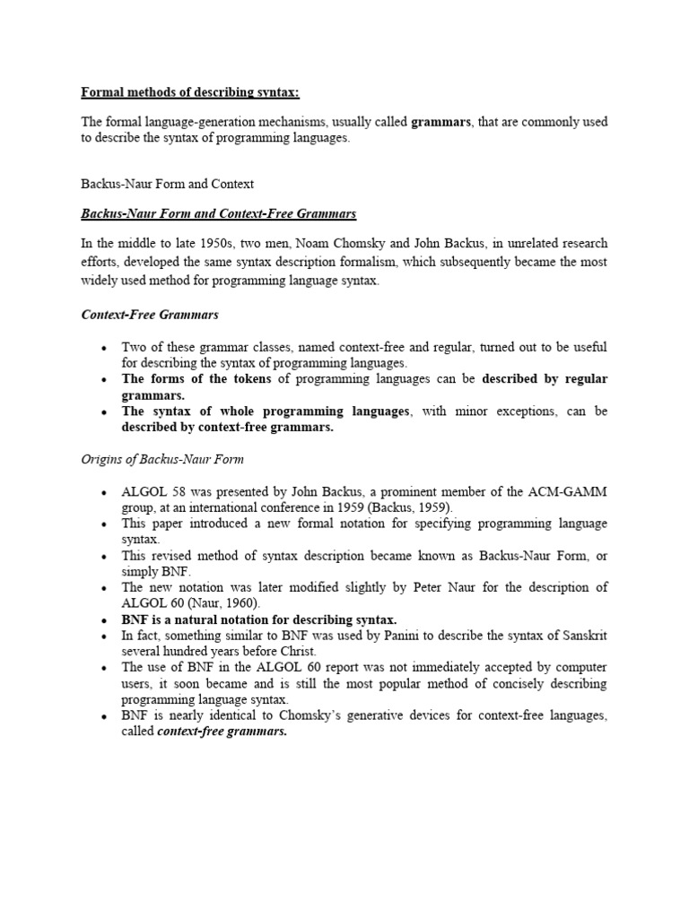 Formal Methods of Describing Syntax - PPL | PDF | Parsing | Grammar