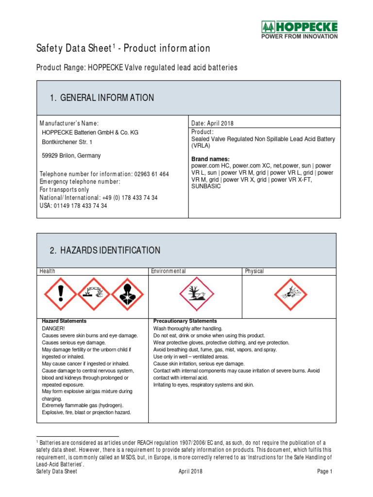 HOPPECKE Lead Acid Battery Safety Guide | PDF | Sulfuric Acid | Combustion