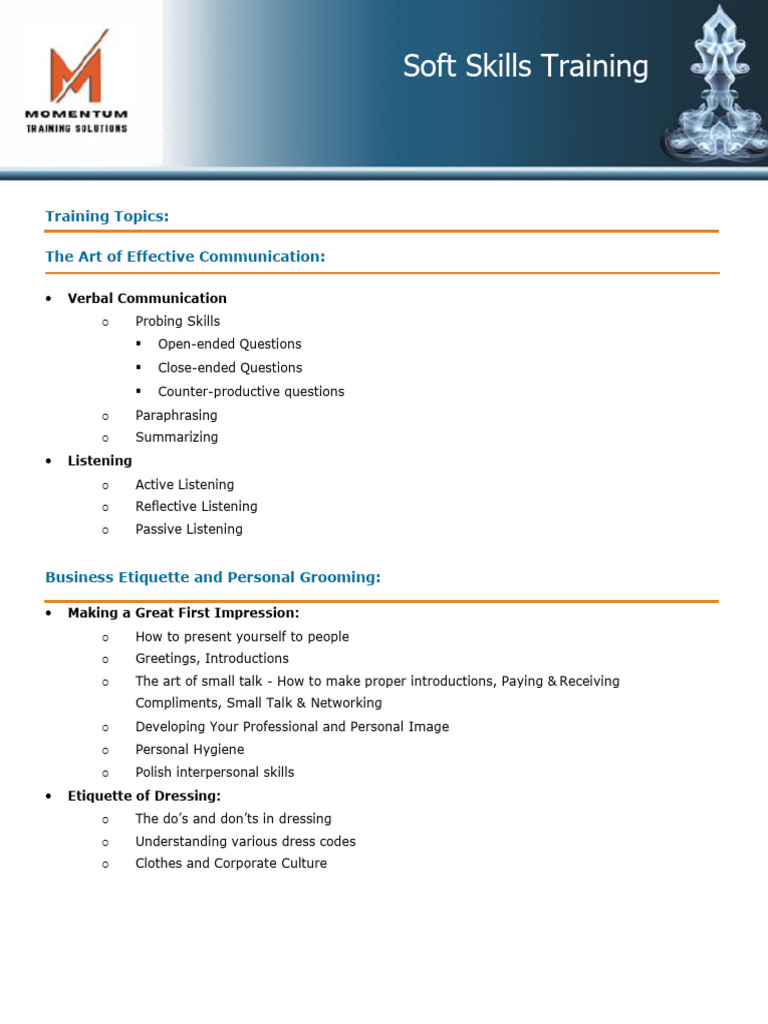 Soft Skills Training Workshop Outline | PDF | Communication | Behavior ...