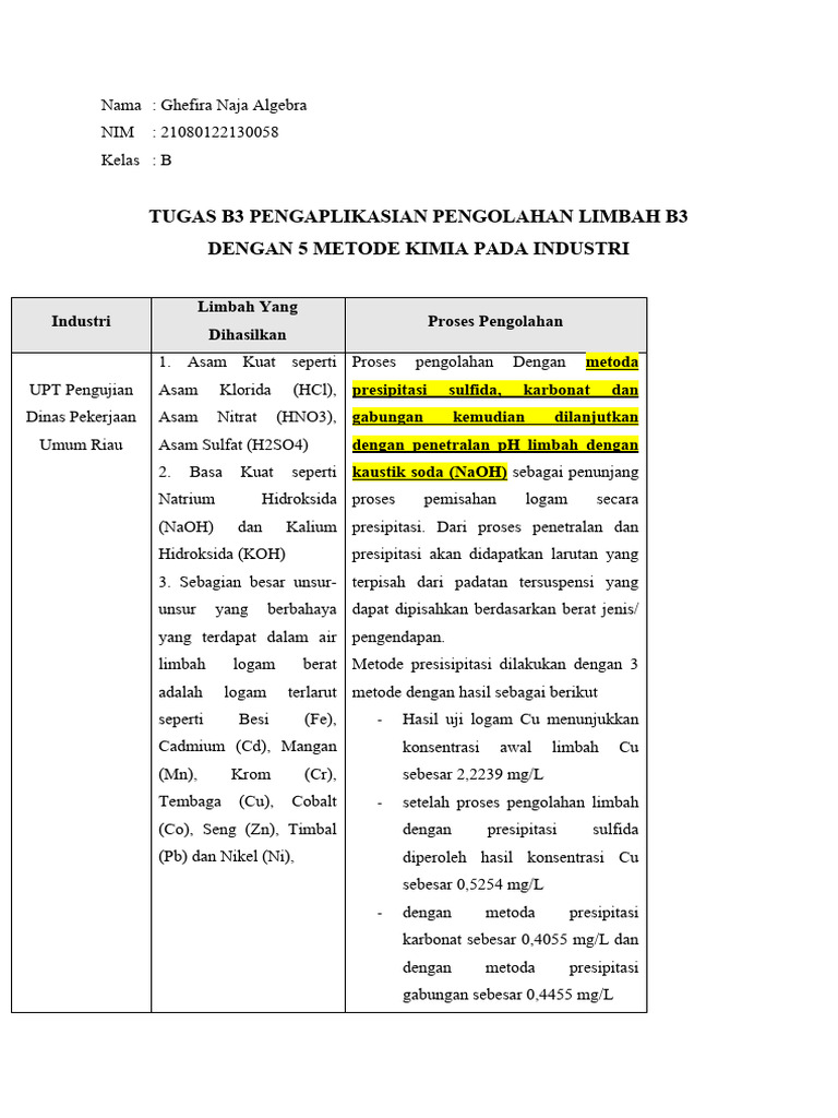 Contoh Pengaplikasian Pengolahan B3 Metode Kimia | PDF
