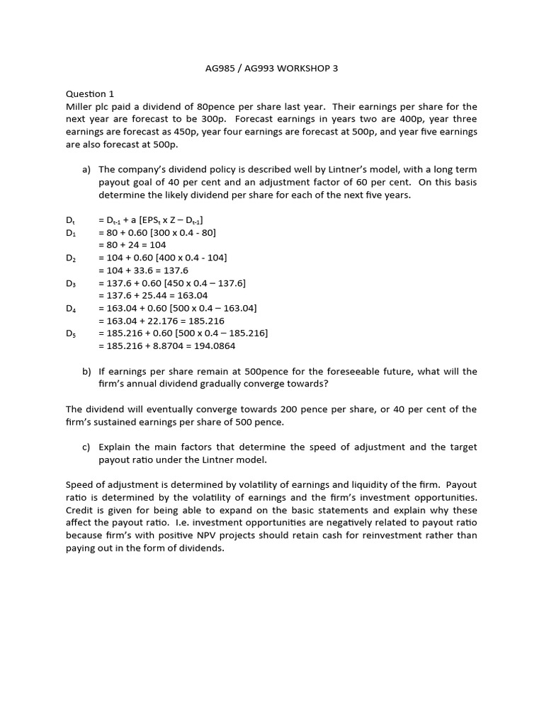 Workshop3 PayoutPolicy Solutions | PDF | Dividend | Stocks