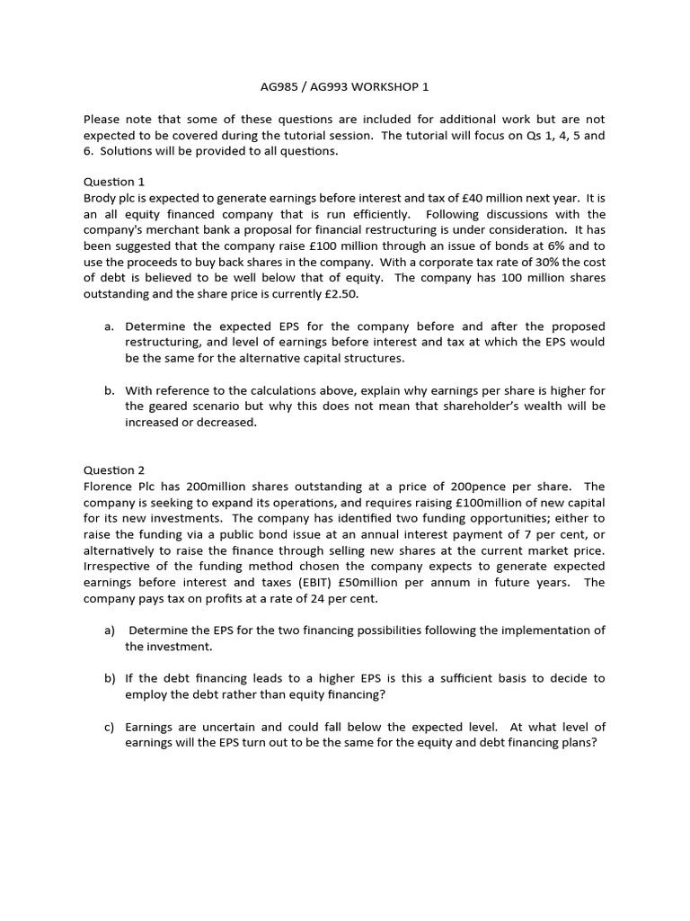 Workshop1 CapitalStructure | PDF | Cost Of Capital | Interest