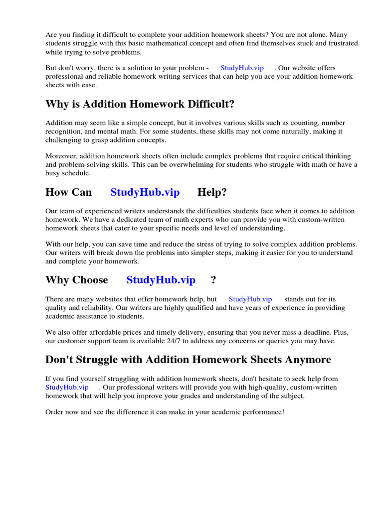 Addition Homework Sheets | PDF | Worksheet | Mathematics