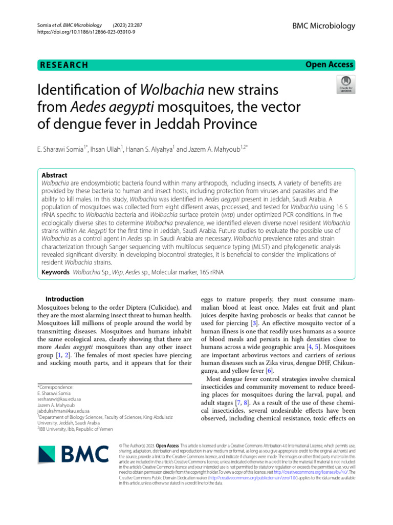 Identification of Wolbachia New Strains From Aedes Aegypti Mosquitoes, The Vector of Dengue ...