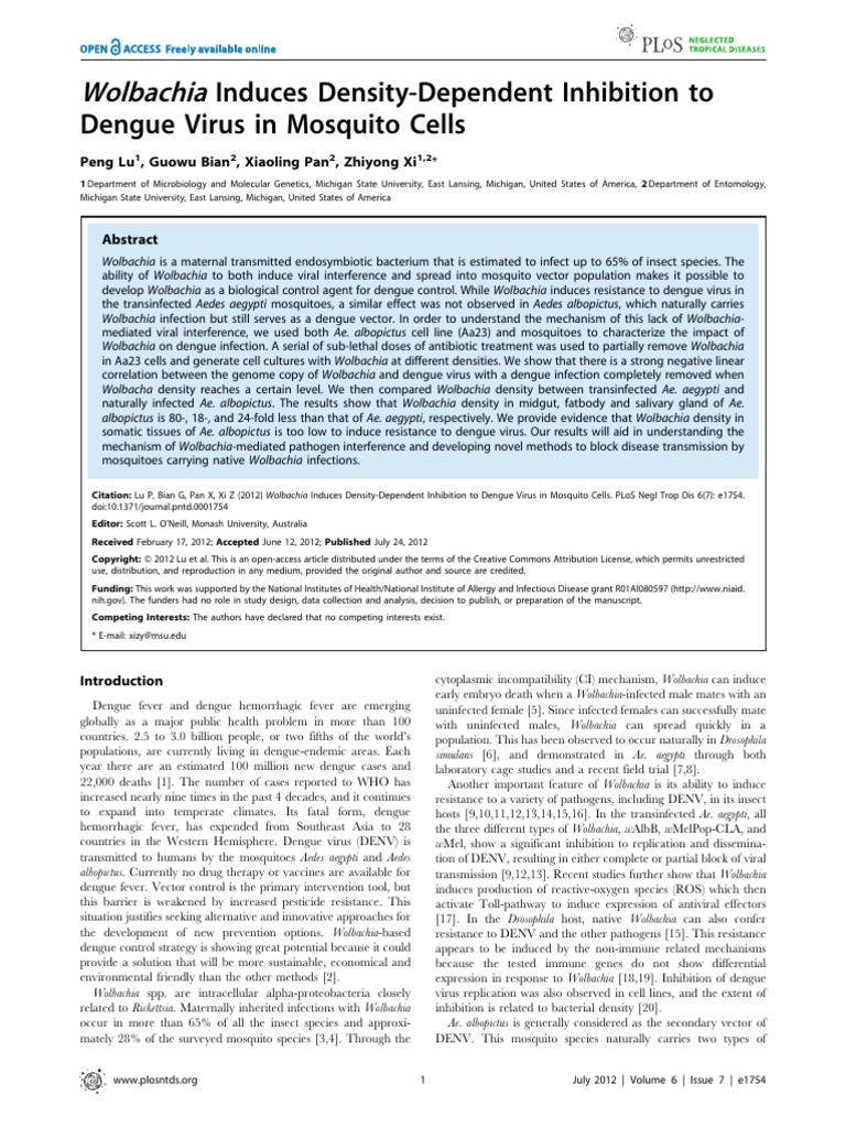 Wolbachia Induces Density-Dependent Inhibition To Dengue Virus in ...
