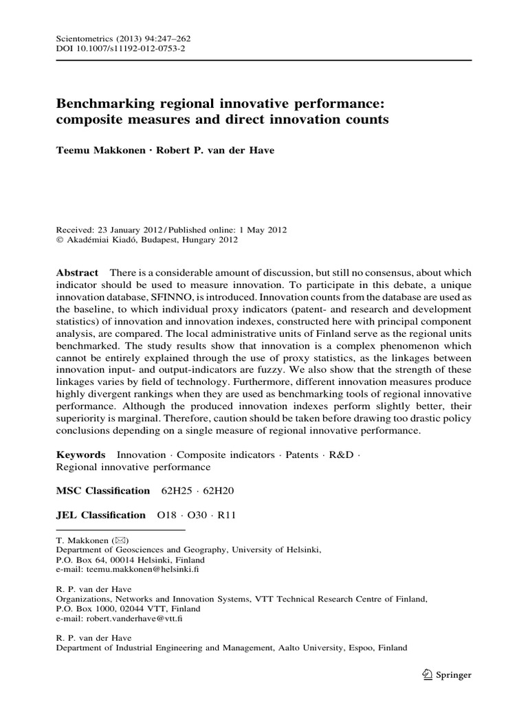 2013 Makkonen Teemu y Van Der Have Robert Benchmarking Regional Innovative Performance Composite ...