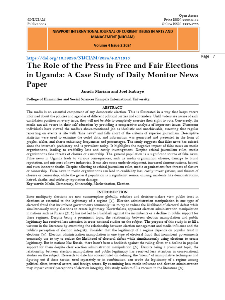 The Role of The Press in Free and Fair Elections in Uganda A Case Study ...