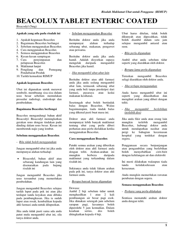 Beacolux Tablet Enteric Coated Bisacodyl Upha Pharmaceutical MFG M SDN ...