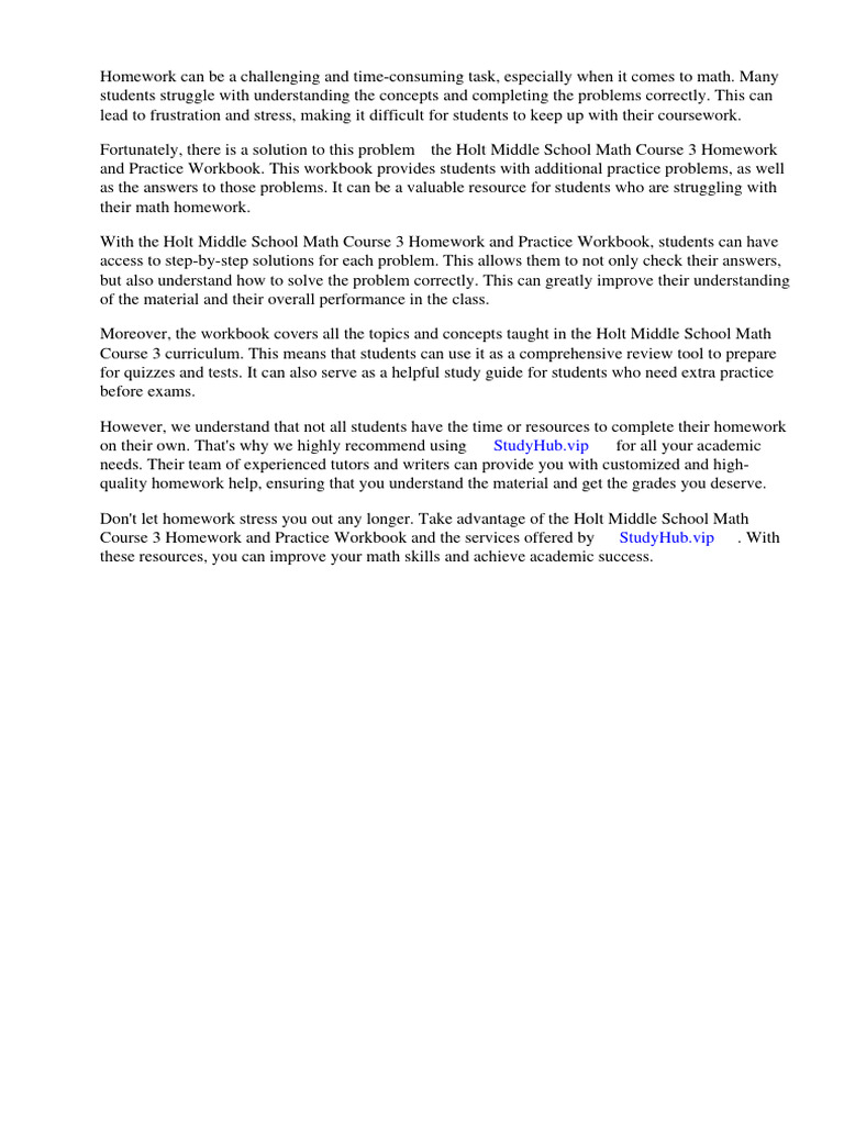 Holt Middle School Math Course 3 Homework and Practice Workbook Answers ...