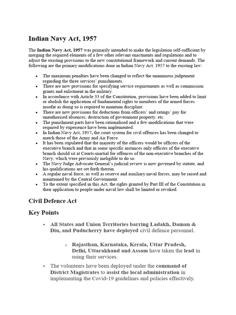 Indian Navy Act and Civil Defence Act | PDF | Civil Defense | Constitution