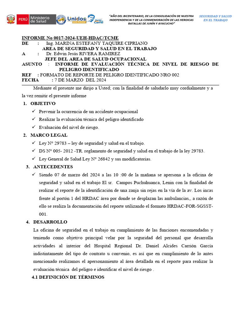 INFORME # 17-2024 - Informe de Reporte de Peligro Identificado | Descargar gratis PDF | Riesgo ...
